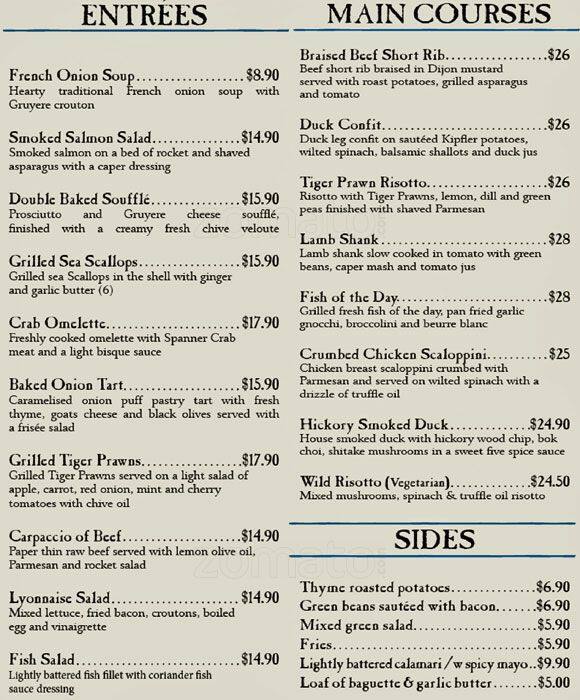 Menu at Little Paris cafe, Milton