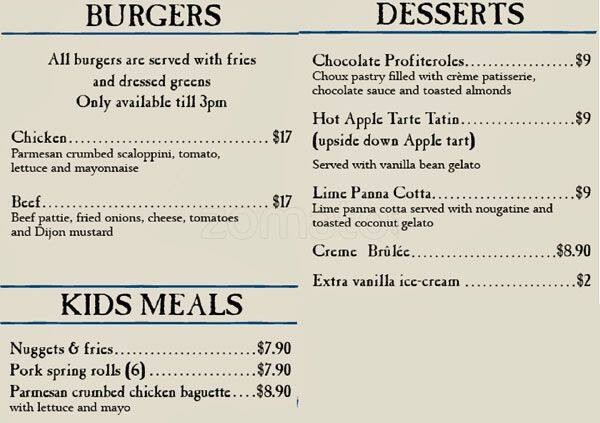 Menu at Little Paris cafe, Milton