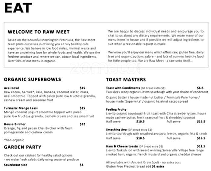 Menu at Raw Meet cafe, Somerville