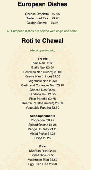 Menu at Masala Twist restaurant, Helensburgh