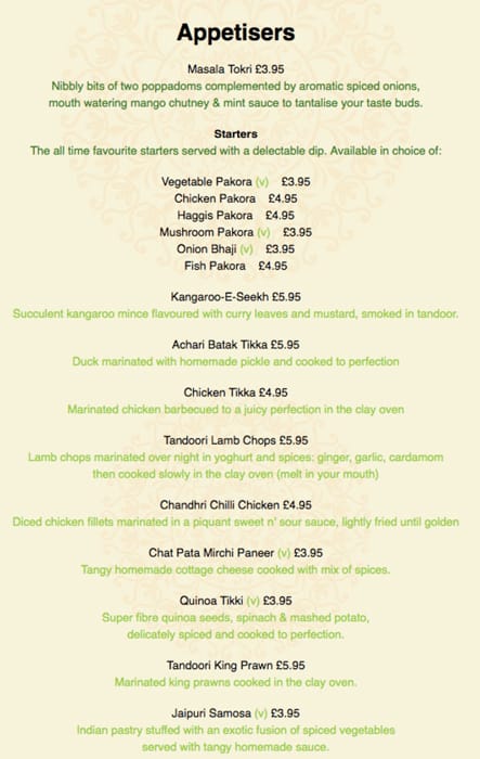 Menu at Masala Twist restaurant, Helensburgh