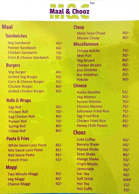 Menu of Maal & Chooz, Bidholi, Dehradun