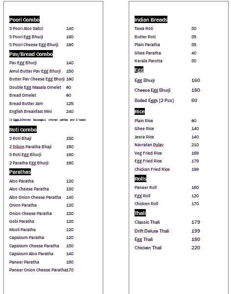 Menu of Drift Combo Restaurant, Yelahanka, Bangalore