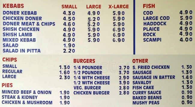 Menu at Pauls Plaice restaurant, London, 11 Norbreck Parade