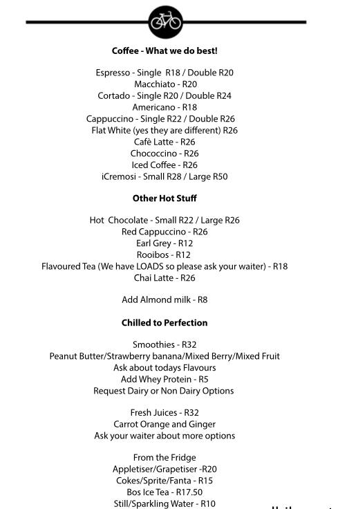 Menu at &Bikes cafe, Cape Town