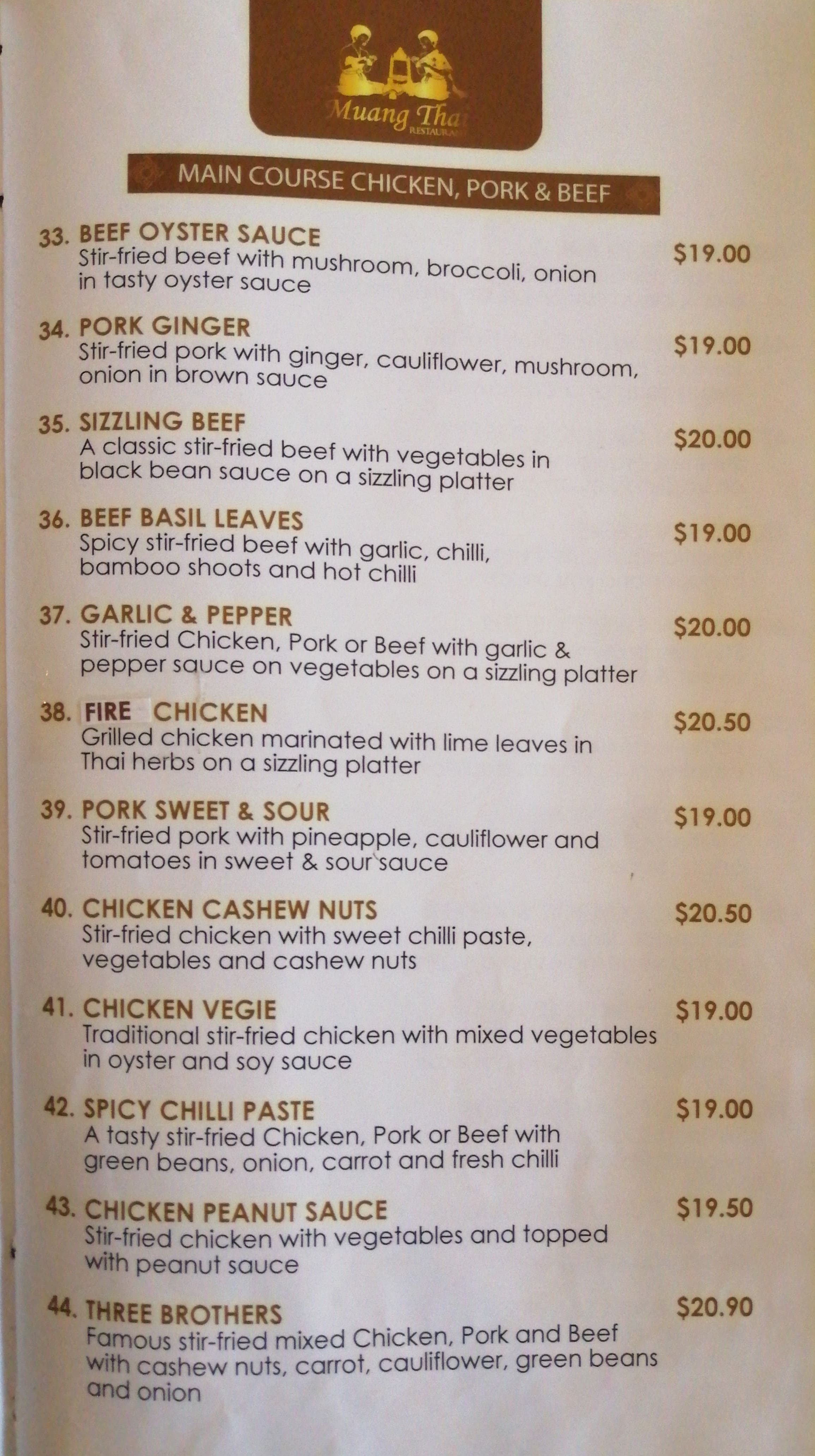 Menu at Muang Thai Restaurant, Auckland