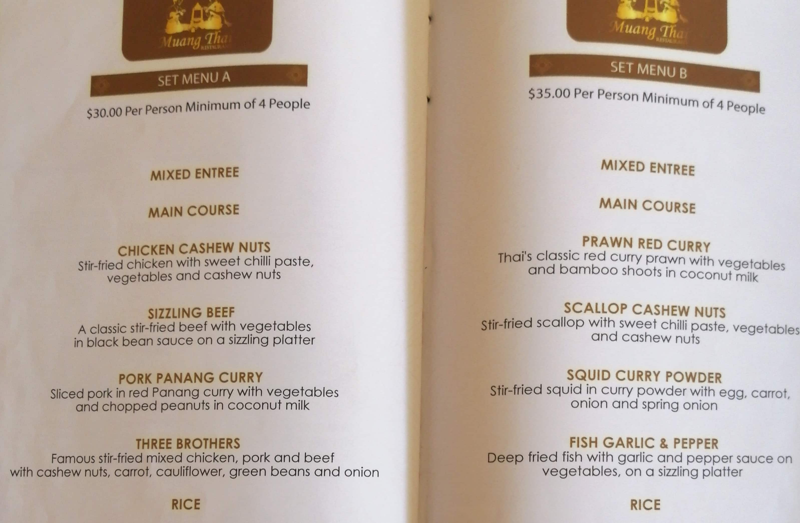 Menu at Muang Thai Restaurant, Auckland