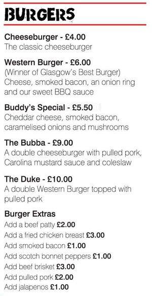 Carta de Buddy's BBQ & Burgers, Glasgow, 705 Pollokshaws Rd