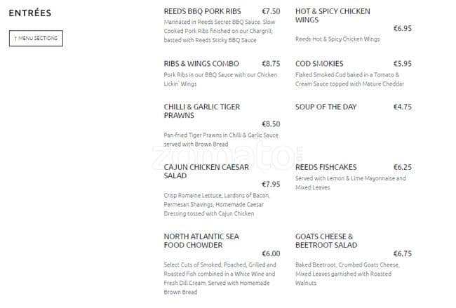 Menu at Reeds on the River steakhouse, Lucan