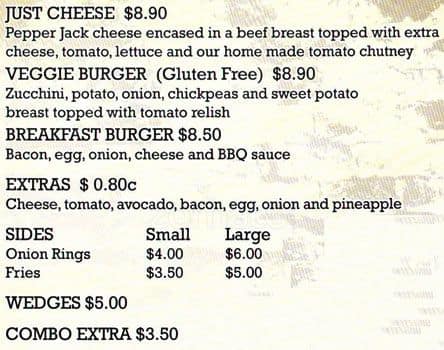 Menu at Just Burgers fast food, Moonee Ponds, 26 Puckle St