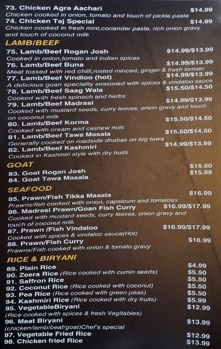 Menu at Taj on High restaurant, Epping