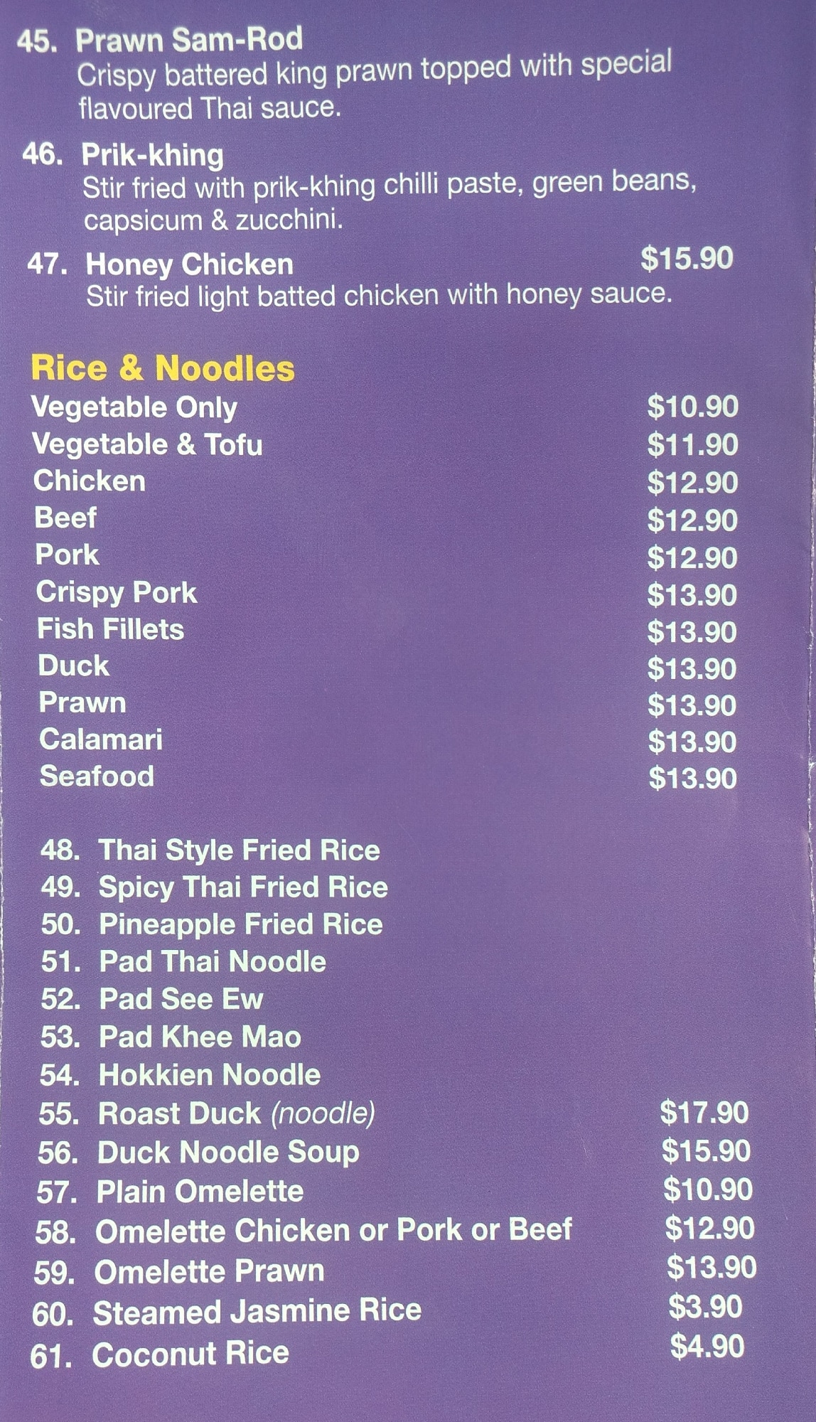 Menu at Thai SA-on restaurant, Burpengary