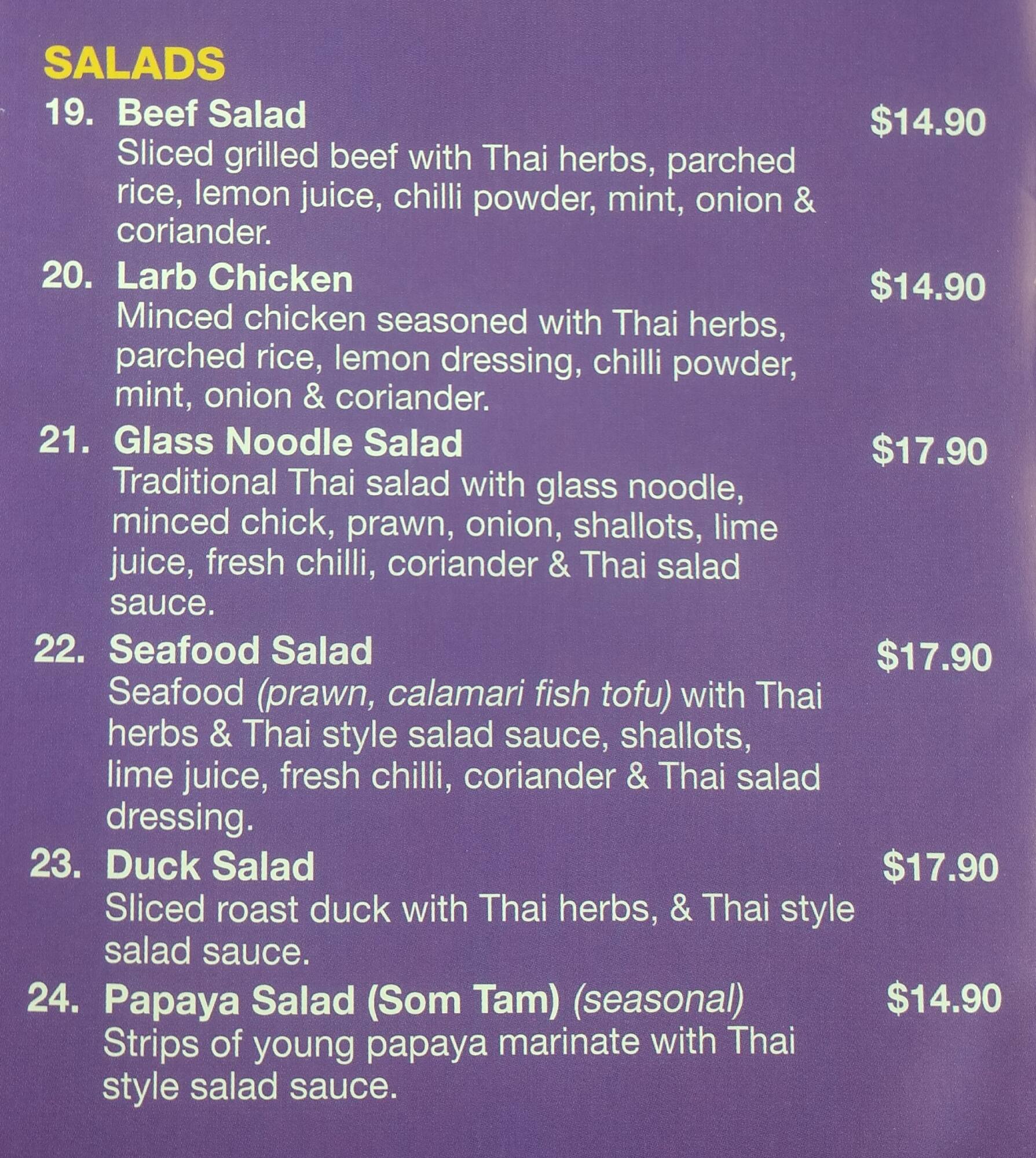 Menu at Thai SA-on restaurant, Burpengary