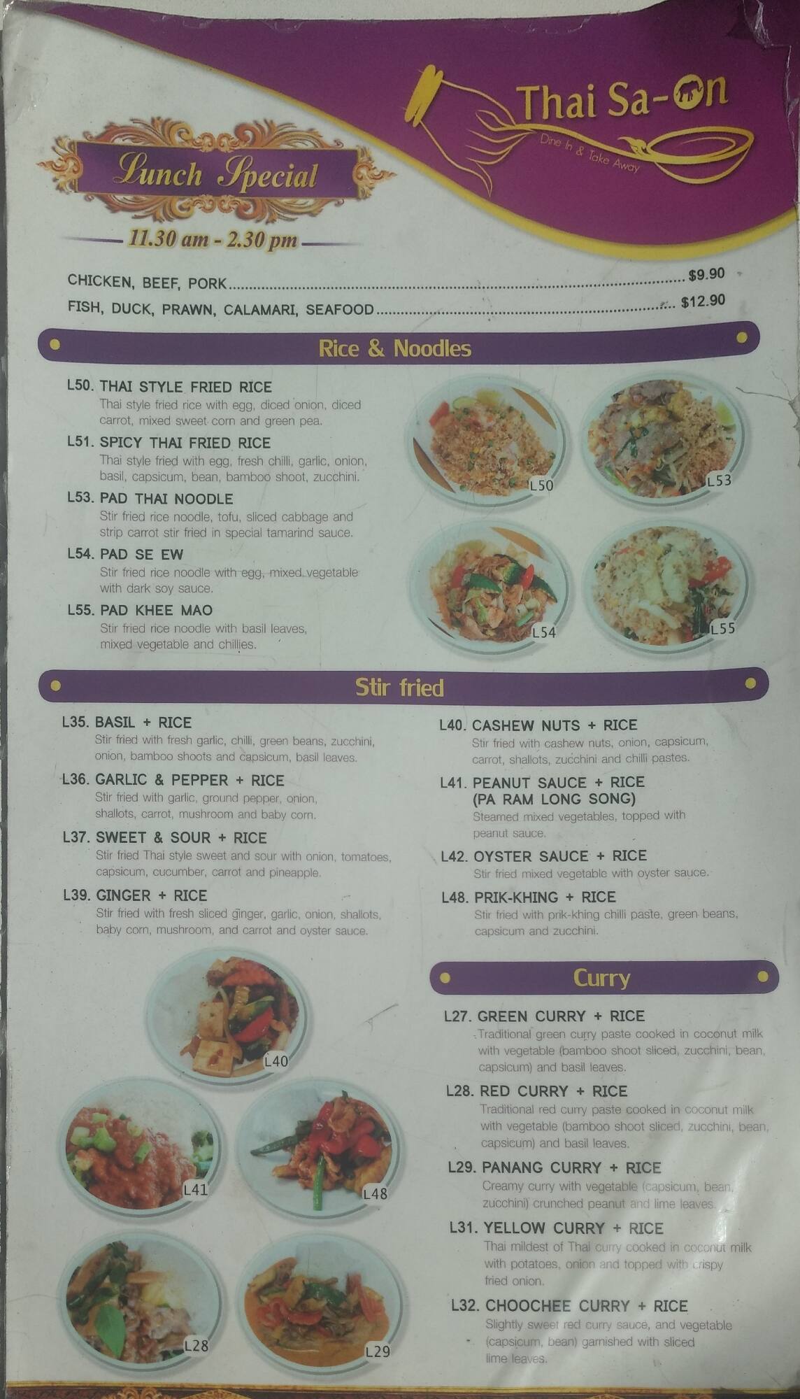 Menu at Thai SA-on restaurant, Burpengary