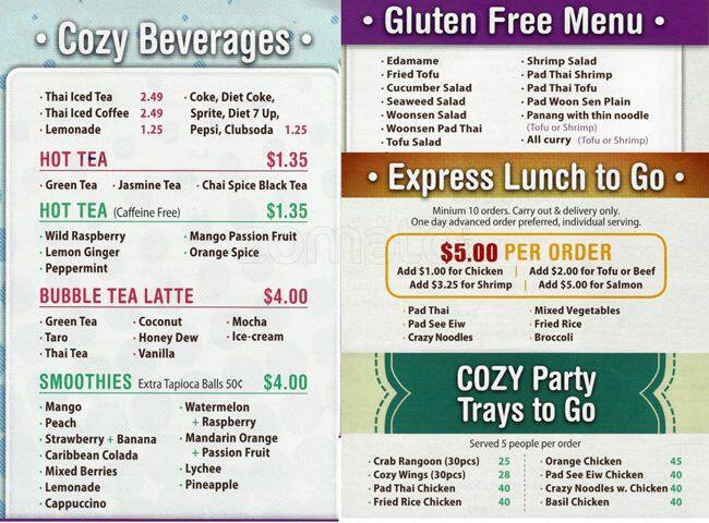 Menu at Cozy Noodles n' Rice restaurant, Chicago