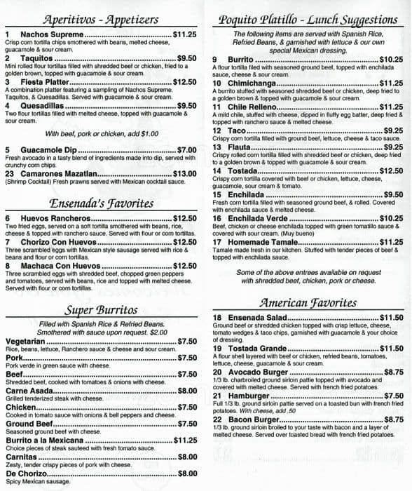 Menu at Ensenada restaurant, Benicia