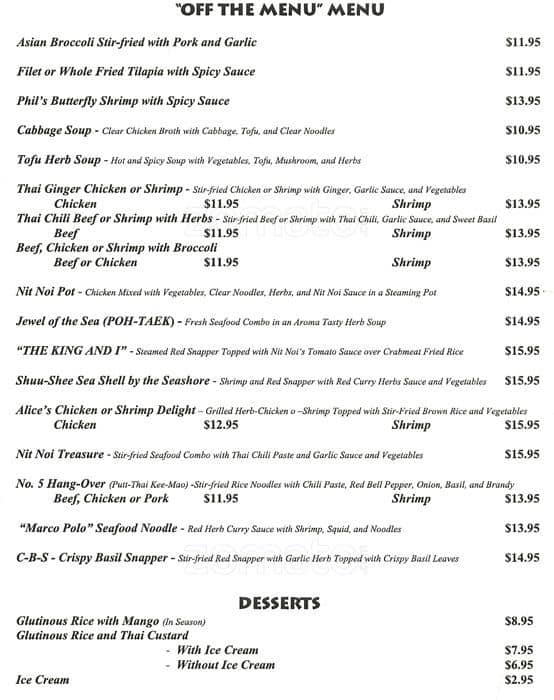 Menu at Nit Noi restaurant, The Woodlands, Woodlands Pkwy