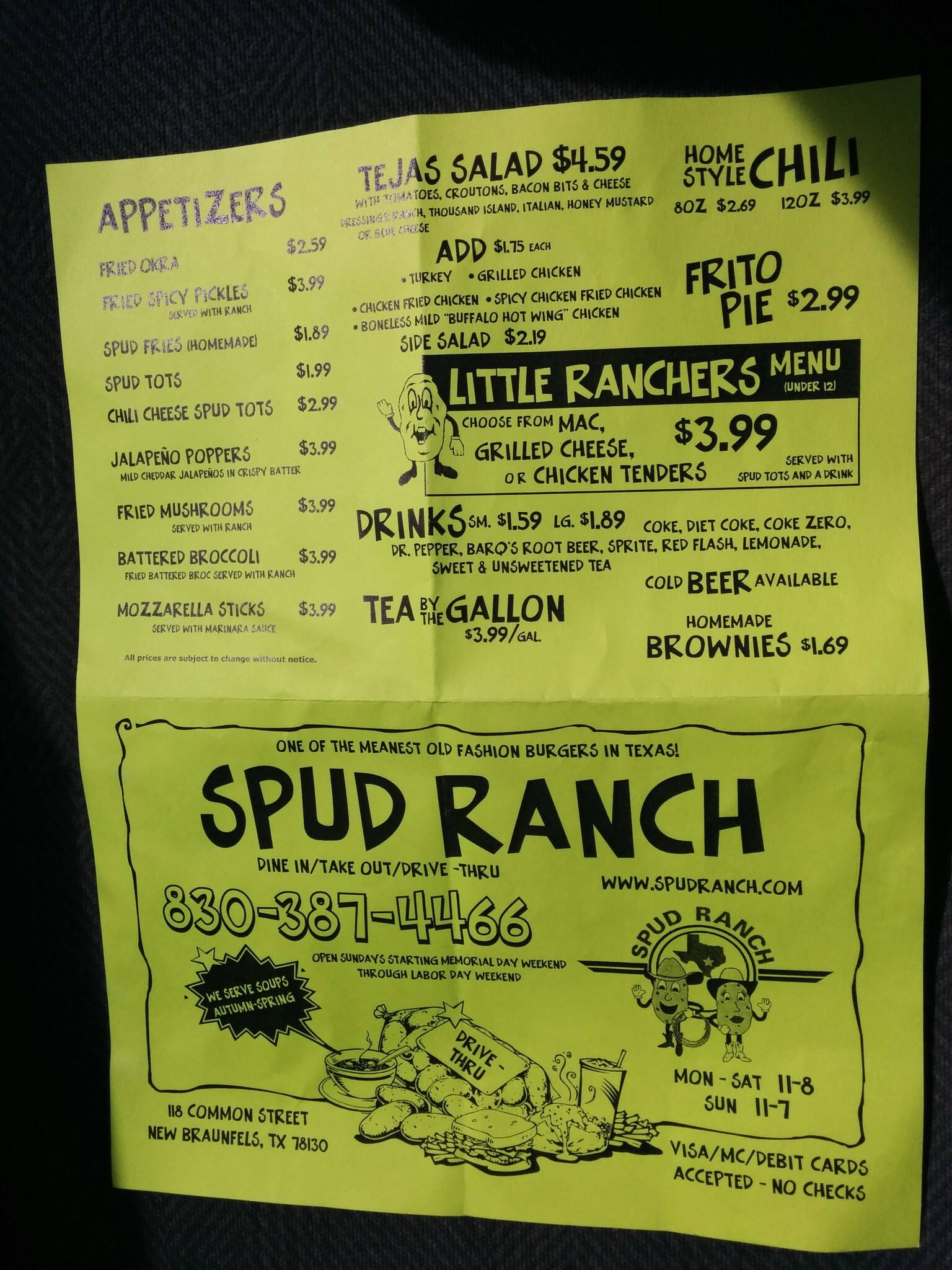 Carta de barbacoa Spud Ranch, New Braunfels
