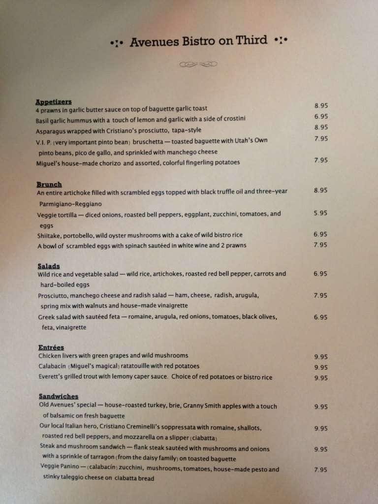 Menu at Avenues Bistro on Third restaurant, Salt Lake City