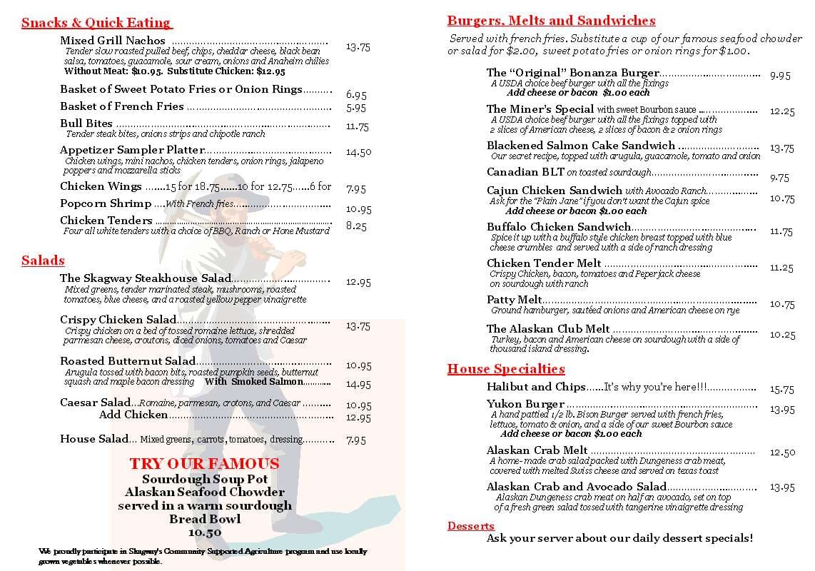 Menu at Bonanza Bar & Grill, Skagway