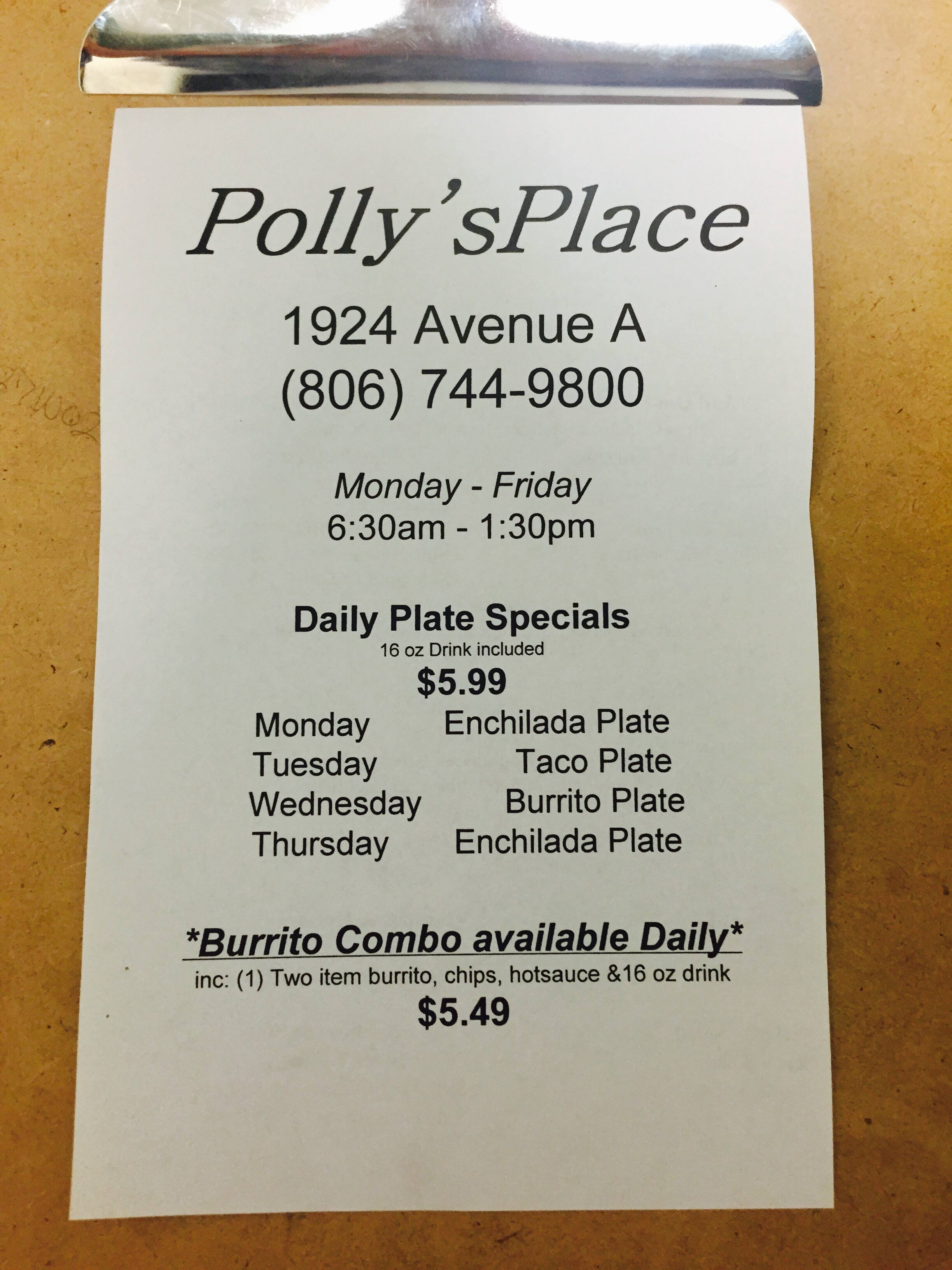 Menu at Polly's Place restaurant, Lubbock