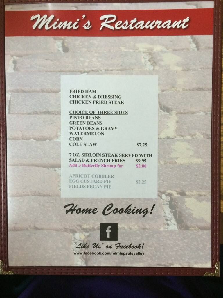 Menu at Mimi's Restaurant, Pauls Valley, 117 W Paul Ave
