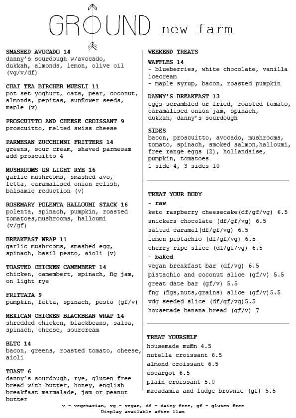 Menu at Ground cafe, Brisbane City
