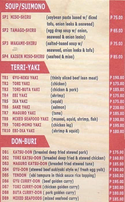 Menu at Tengoku restaurant, Parañaque