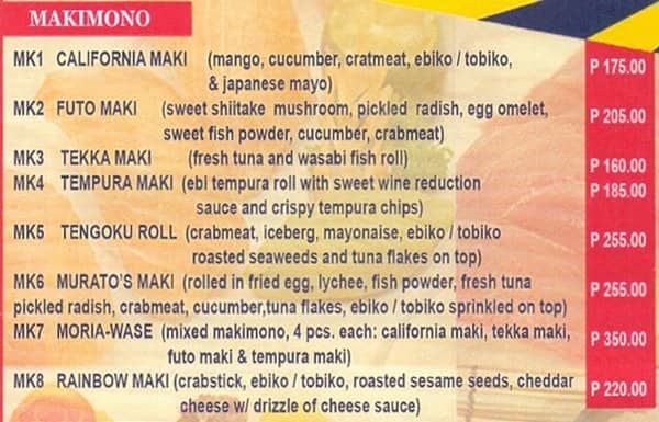 Menu at Tengoku restaurant, Parañaque