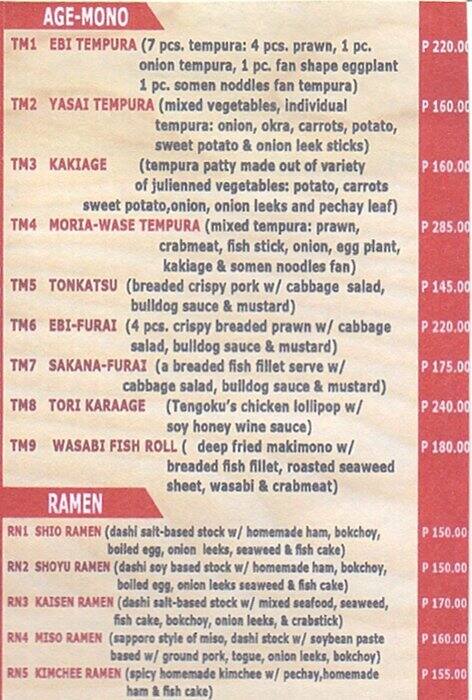 Menu at Tengoku restaurant, Parañaque