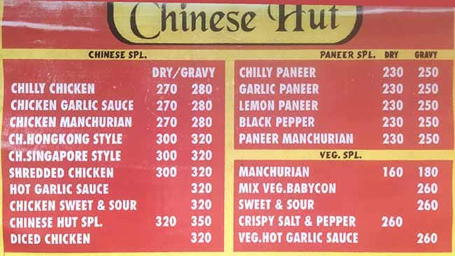 Menu of Chinese Hut, Lajpat Nagar 1, New Delhi