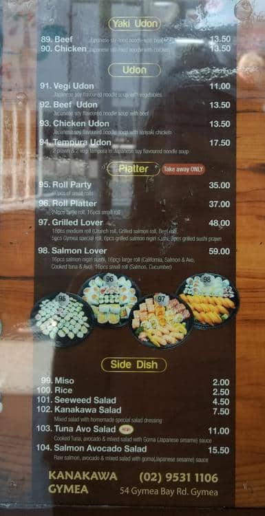 Menu at Kanakawa restaurant, Gymea