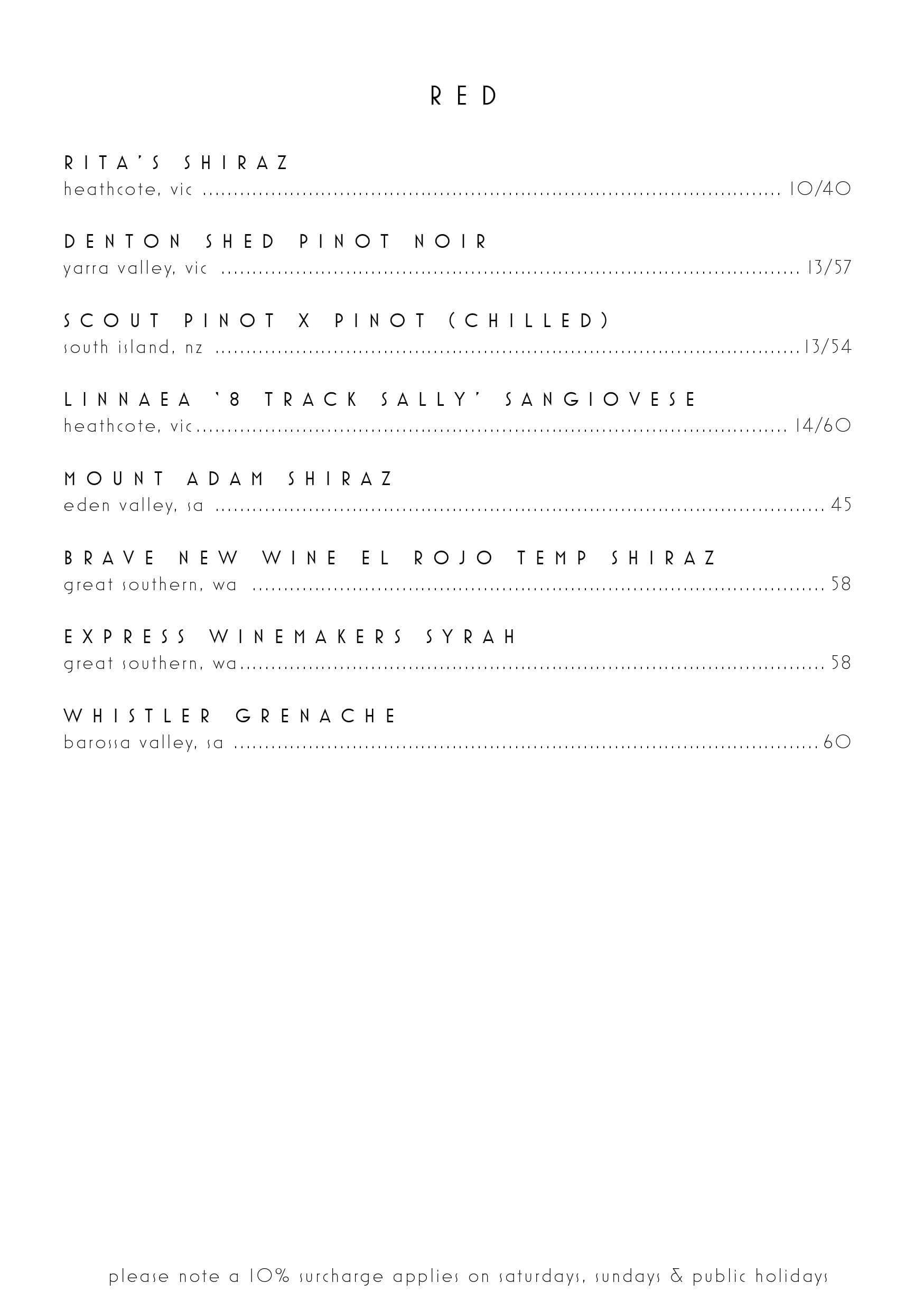 Menu at Rita's pizzeria, Abbotsford