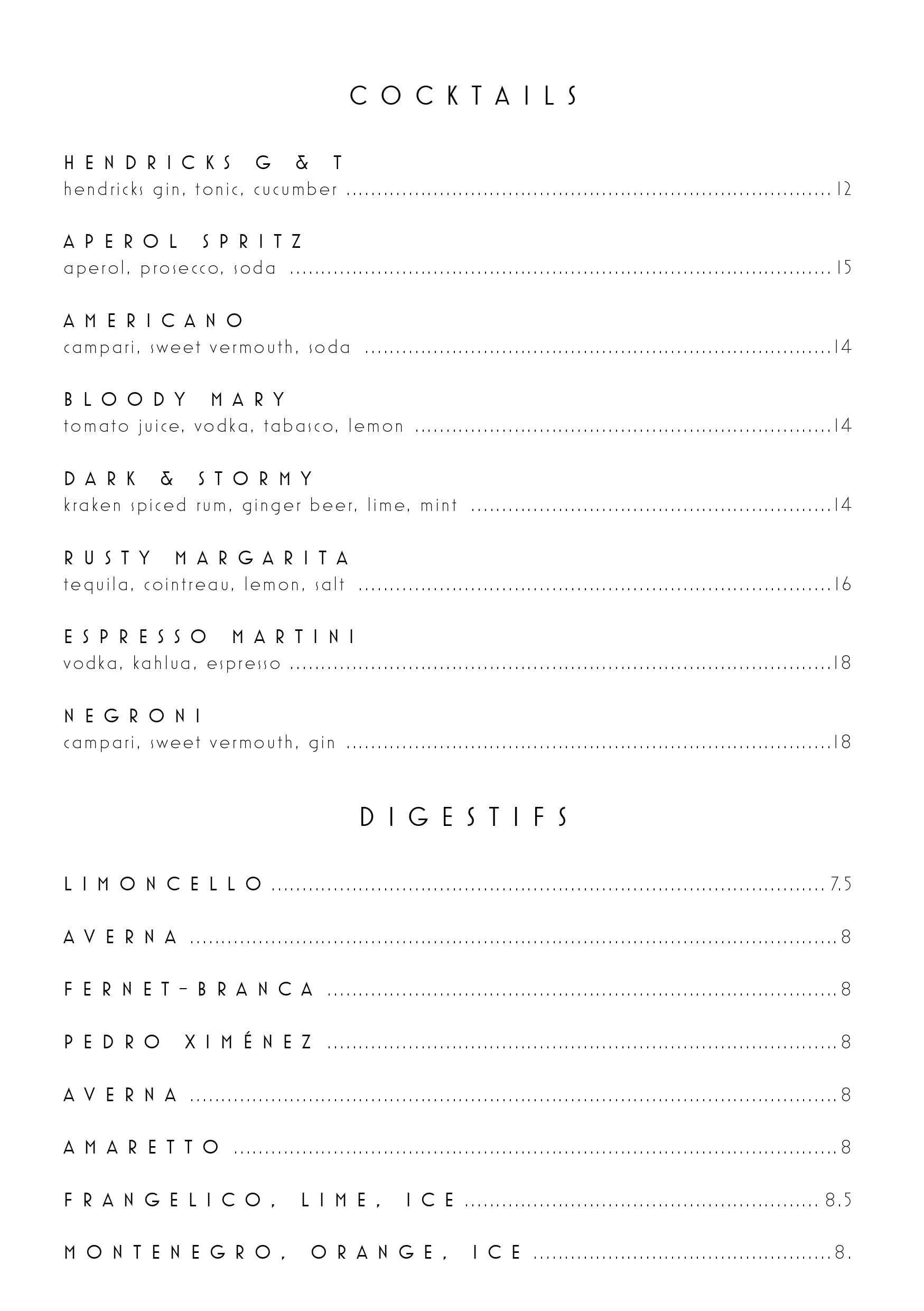 Menu at Rita's pizzeria, Abbotsford