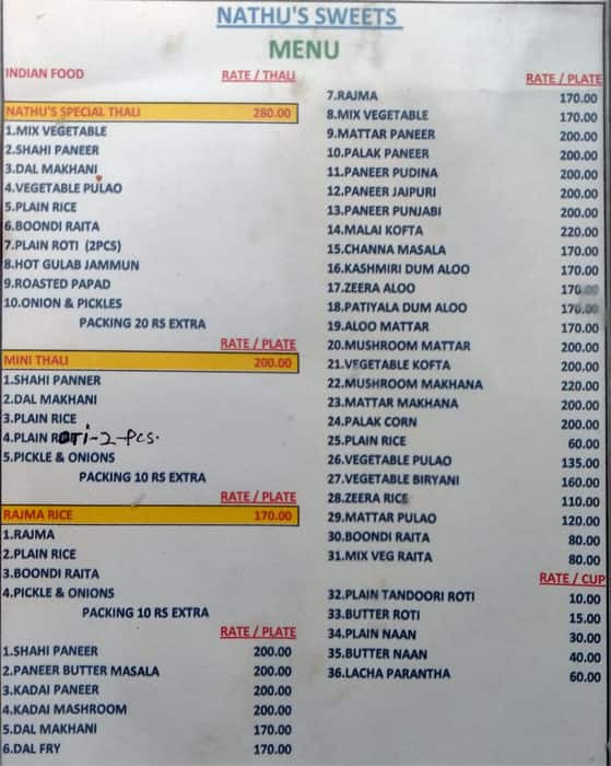 Menu of Nathu's Sweets, Dal Gate, Srinagar