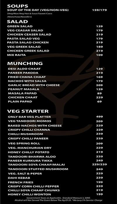 Menu of Only Bar, Nehru Place, New Delhi