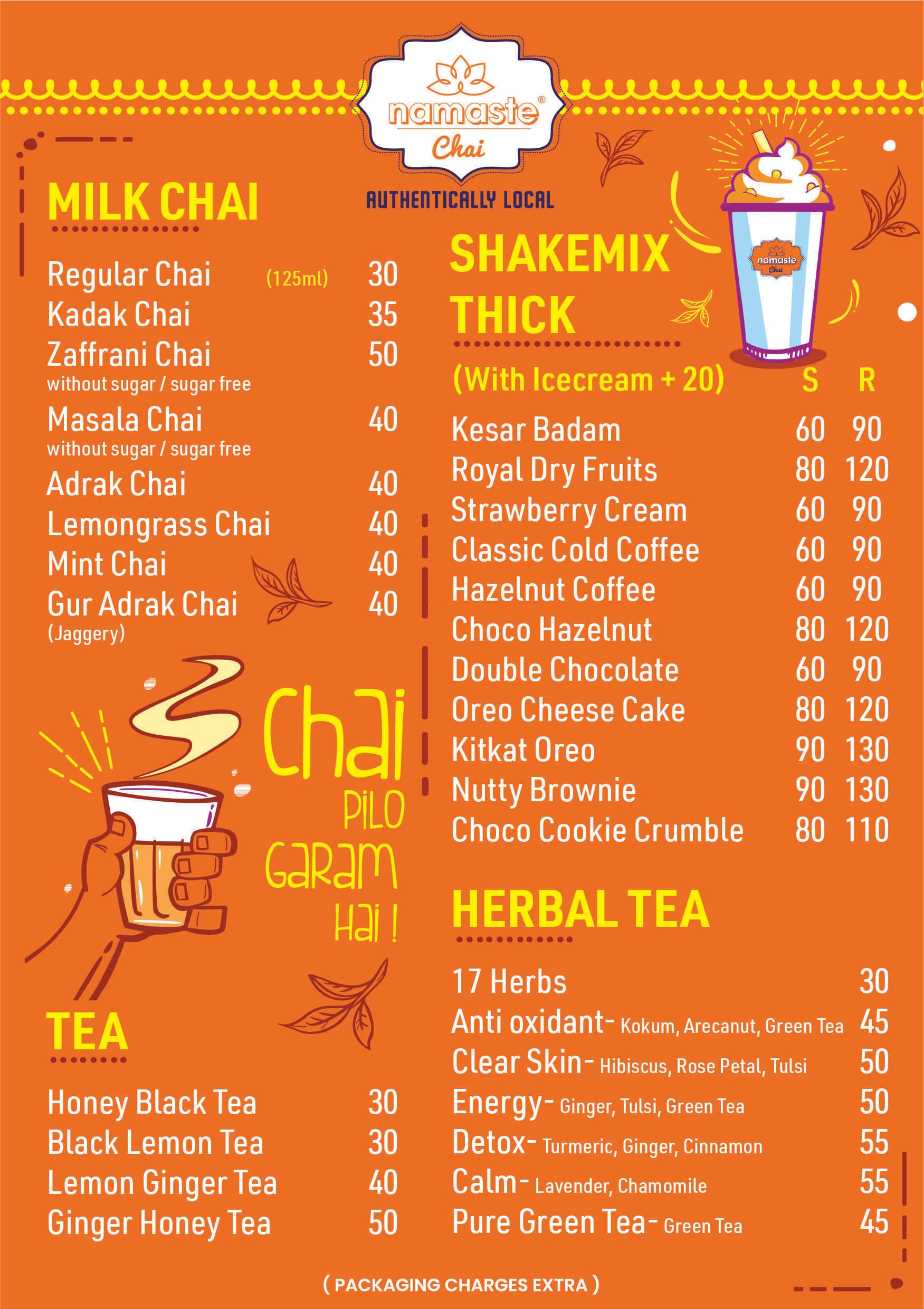 Menu of Namaste Chai, Dahisar East, Mumbai