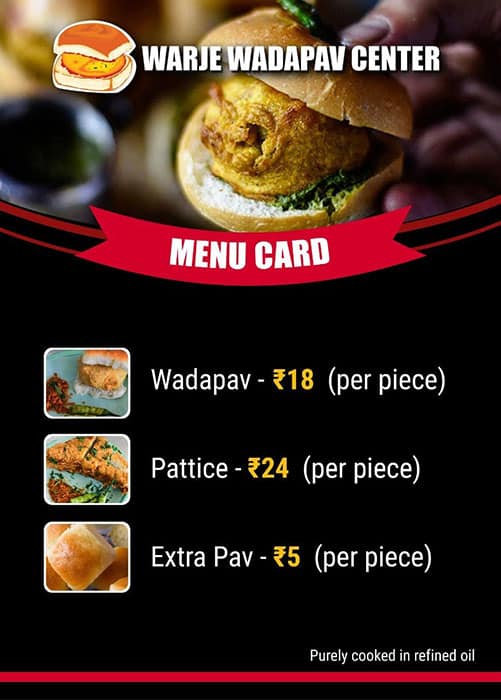 Menu of Warje Vadapav Center, Warje, Pune