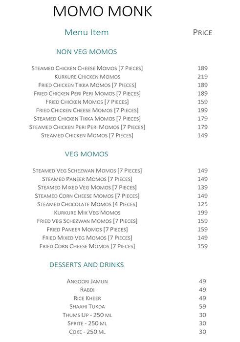 Menu of Momo Monk, New BEL Road, Bangalore