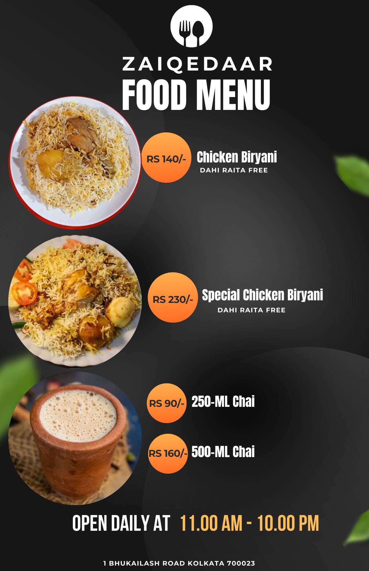 Menu of Zaiqedaar, Kidderpore, Kolkata