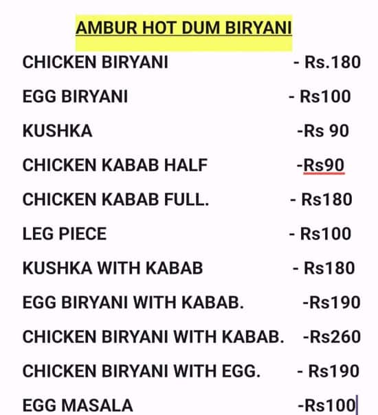 Menu of Ambur Hot Dum Biryani, BTM, Bangalore