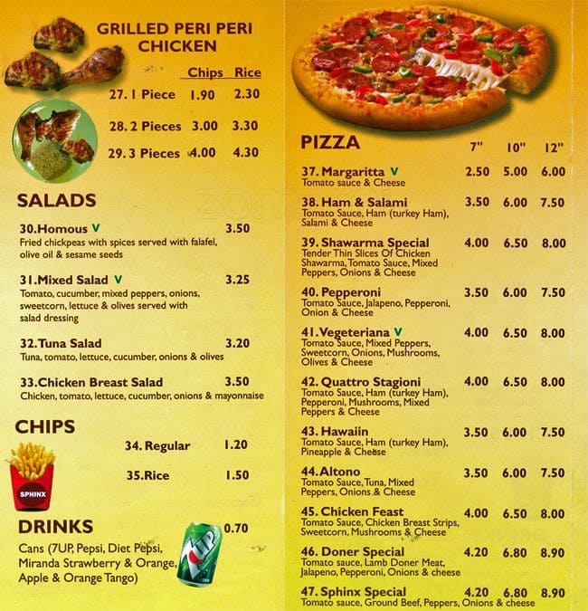 Menu at Sphinx restaurant, London, 229 Holloway Road