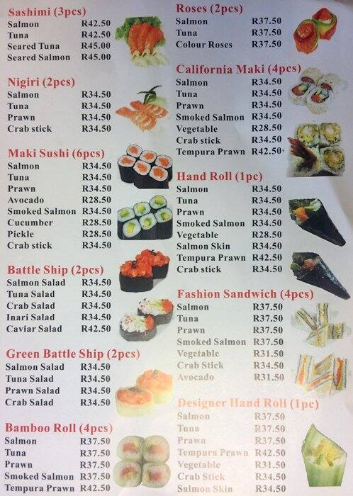 Menu at Trologos Sushi Bar, Cape Town