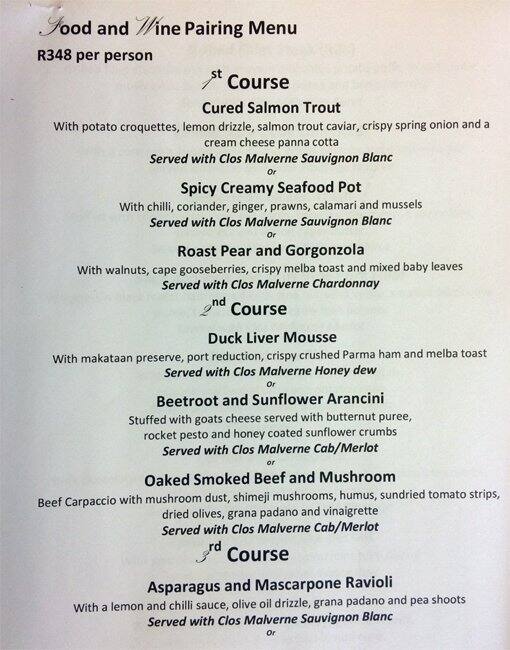 Speisekarte von Clos Malverne Wine Farm pizza, Stellenbosch