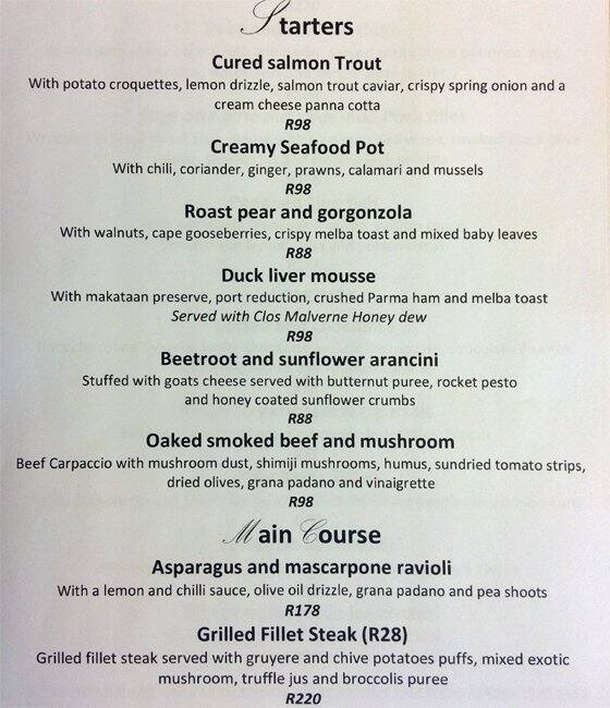 Speisekarte von Clos Malverne Wine Farm pizza, Stellenbosch