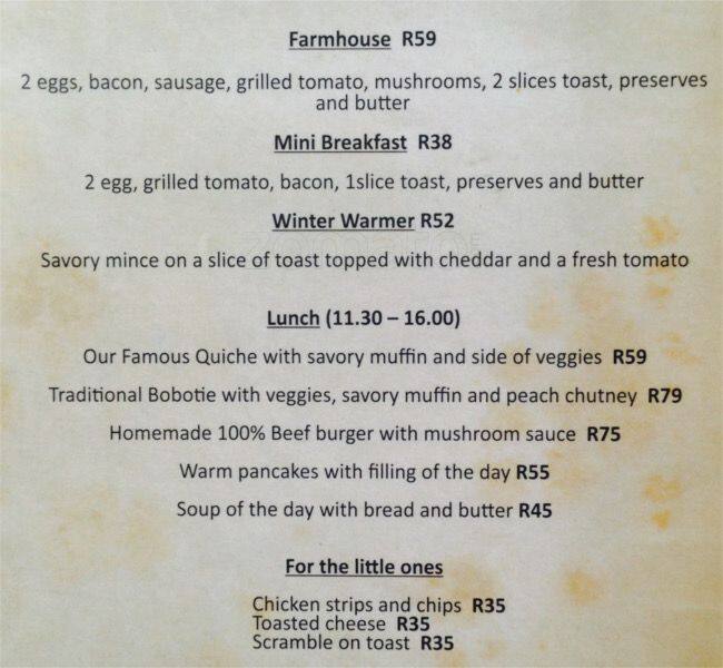 Menu at Belle Revé restaurant, Stellenbosch, Corner N1 and R304