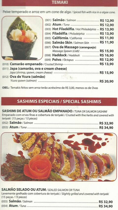 Menu at Botekim do Japa restaurant, Rio de Janeiro, R. Xavier da Silveira