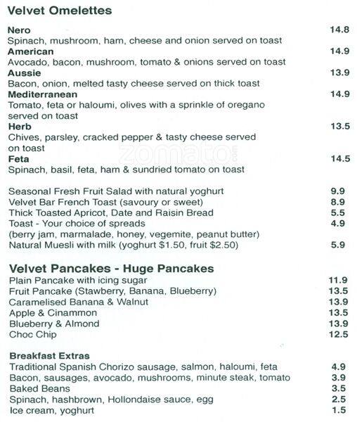 Menu at The Velvet Bar, Port Melbourne, 331 Bay St