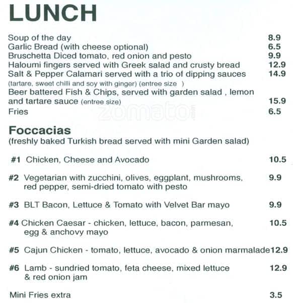 Menu at The Velvet Bar, Port Melbourne, 331 Bay St