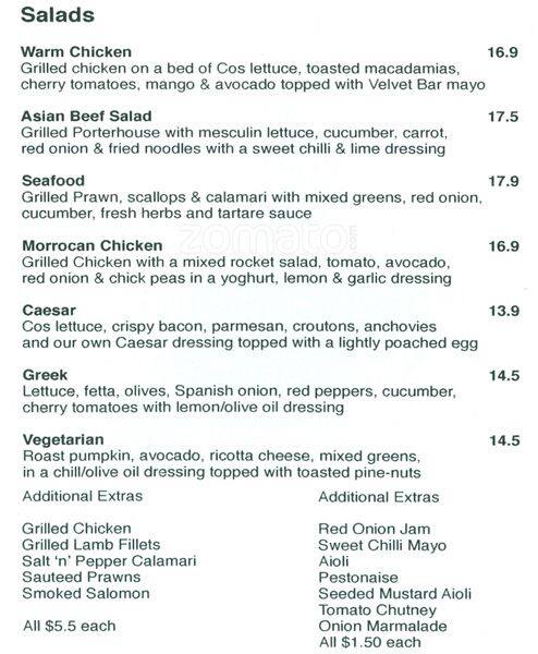 Menu at The Velvet Bar, Port Melbourne, 331 Bay St